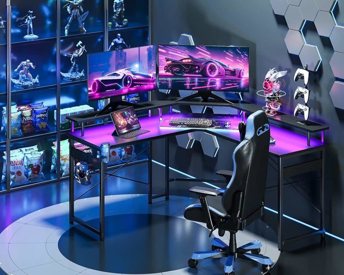 Table de gaming avec LED, Bureau d'ordinateur noir avec 2 prises ...