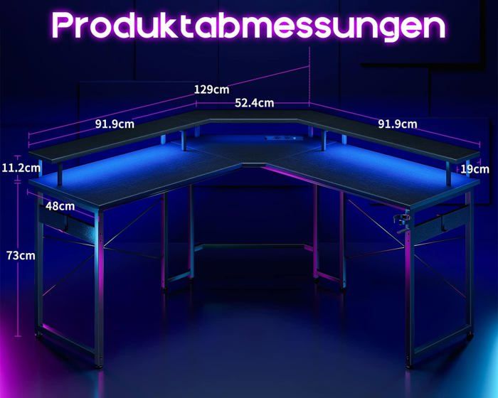 Table de gaming avec LED, Bureau d'ordinateur noir avec 2 prises ...