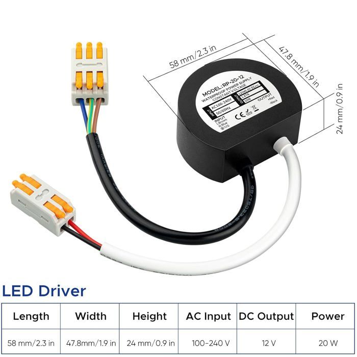 Transformateur LED 12V, IP67 étanche LED Transfo 20W 1.67A, iver Rond ...
