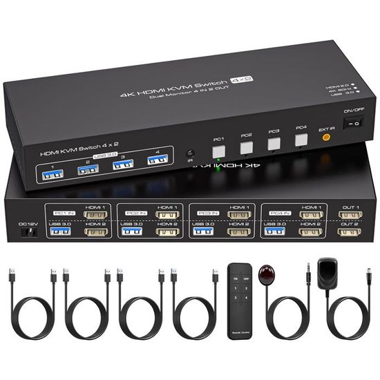 4 Port Hdmi Kvm 4 Pc 2 Monitor 4K60Hz Usb 3.0 Kvm Es Simulation Edid ...