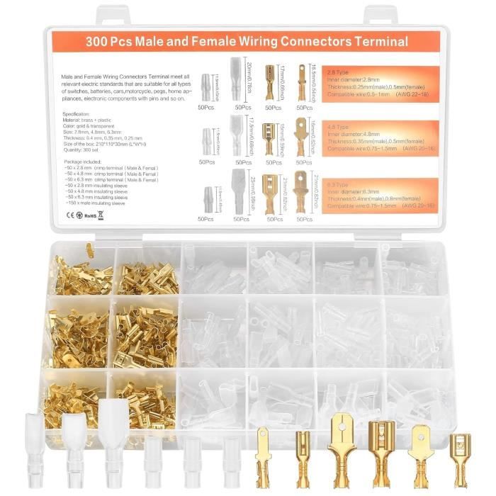 Lot de 300 connecteurs mâles et femelles - Connecteurs de fils électriques à épissure rapide ...