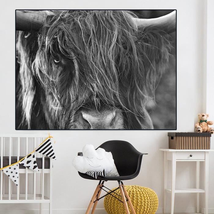 Noir et blanc Highland vache bovin mur toile Art nordique peinture ...
