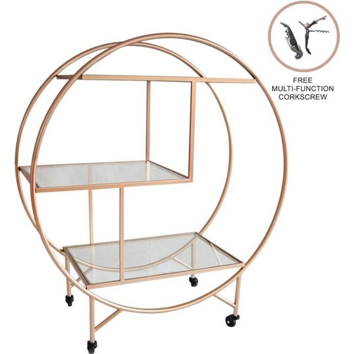 Chariot de Bar - Halo - Grand - Or Rose - 3 étagères en verre trempé ...