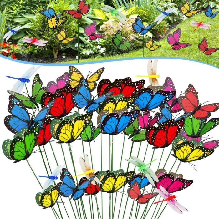 48 Pièces Papillon De Jardin Sur Bâtons 40 Papillons Et 8 Libellules ...