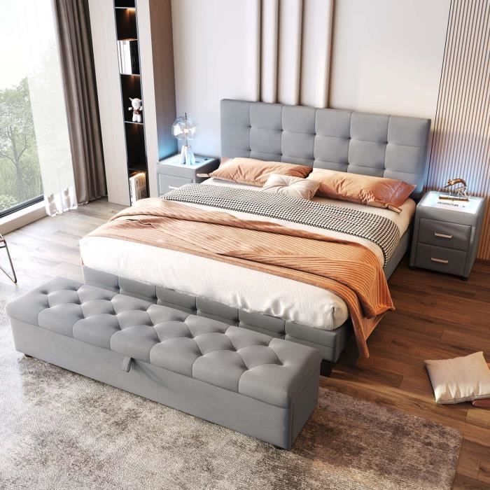 Chambre complète, Lit adulte 140x200cm + 2 tables de chevet avec led ...