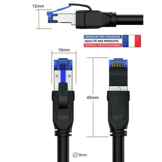 Câble 5m ethernet cat 8 réseau rj45 noir 2000Mhz 40Gbps 2 blindages S ...