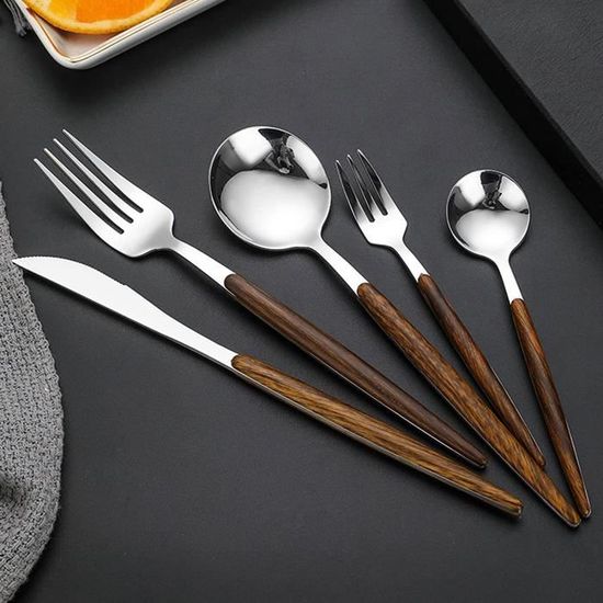 Ménagère pour 4 Personnes, Couverts de Table à Manche Aspect Bois, 20 ...