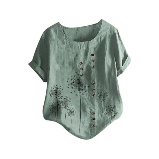 T-Shirt Haut En Lin Et Coton Grande Taille Bouton Fleur Pissenlit Femme ...