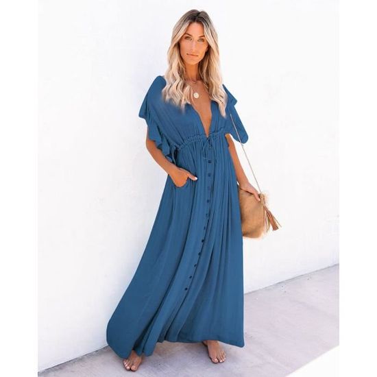 Deep V Backless Lace Up Waist Sleeve Ladies Retro Beach Dress Longue ...