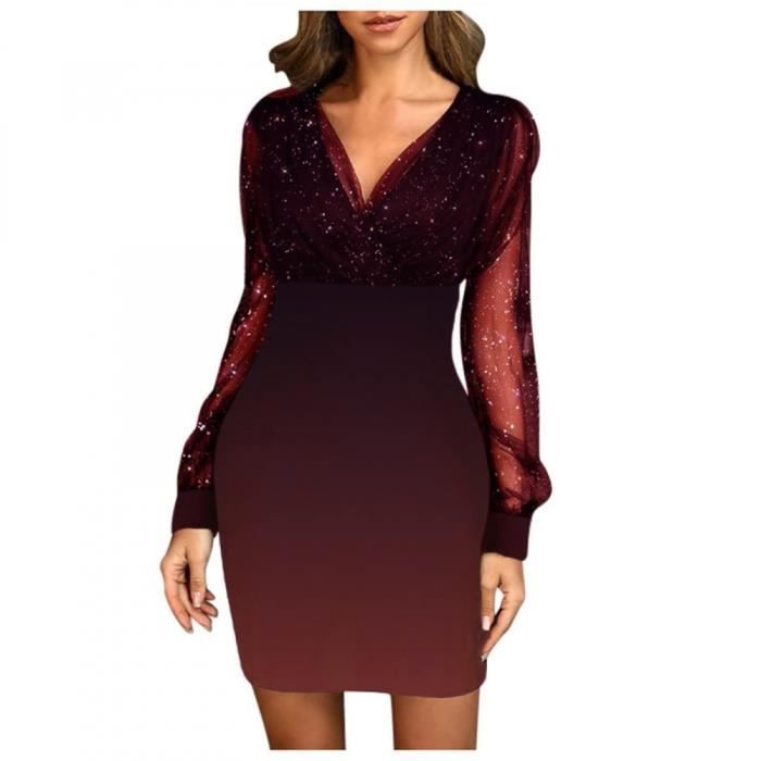 Robes Femmes Col V Robe Manches Longues Tunique Élégant Dentelle Soirée ...