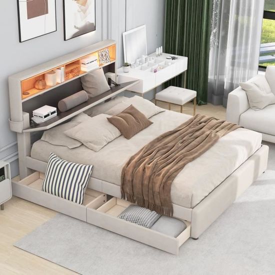 Merax Lit capitonné double 140x200cm en lin beige, avec LED et 2 ...