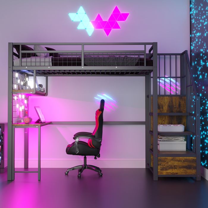 MEUBLIV Lit mezzanine enfant 90x200 cm avec bureau, LED, prises + USB ...