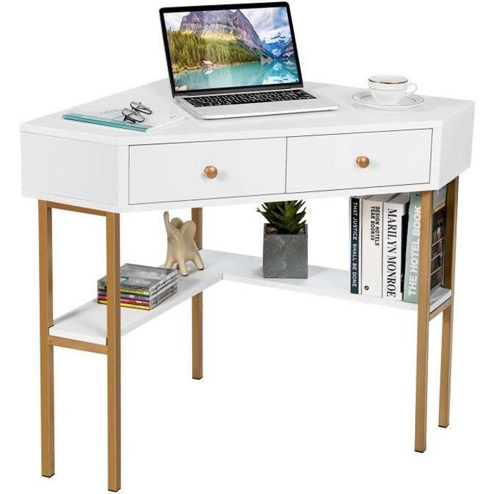 COSTWAY Table d'Angle - 2 Tiroirs et 1 Etagère - L 70,5 x P 70,5 x H 75 ...