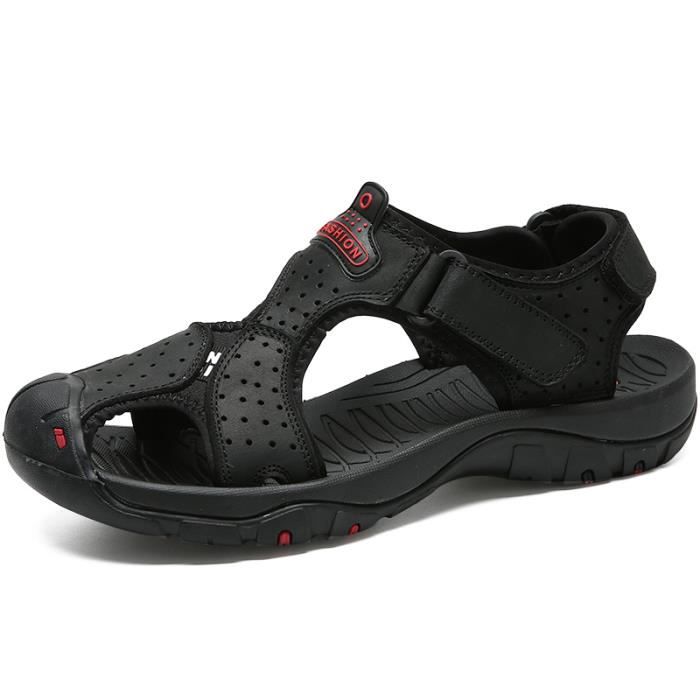 Sandales Hommes - Cuir - Noir - A élastique - Plat - Outdoor Plage Noir ...