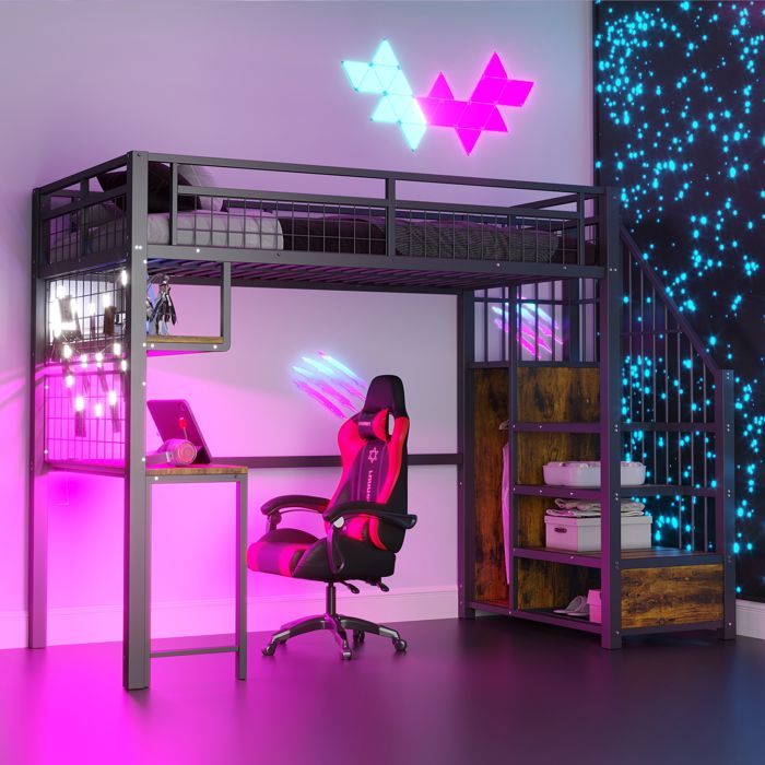 MEUBLIV Lit mezzanine enfant 90x200 cm avec bureau, LED, prises + USB ...