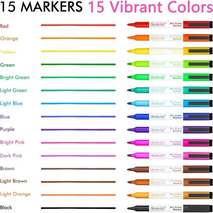 Marqueurs effaçables pour tableau blanc, 15 couleurs effaçables à sec ...