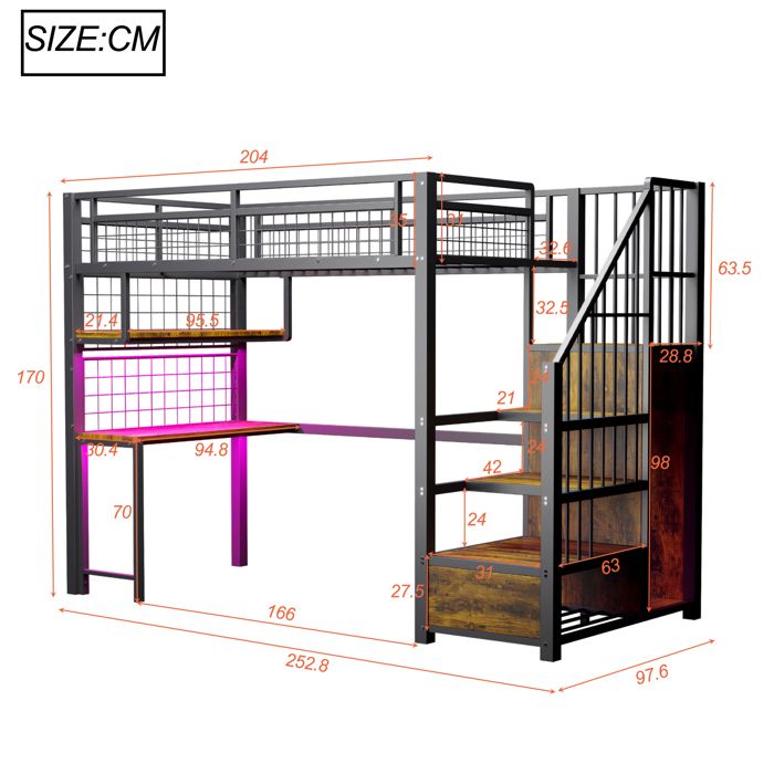 MEUBLIV Lit mezzanine enfant 90x200 cm avec bureau, LED, prises + USB ...