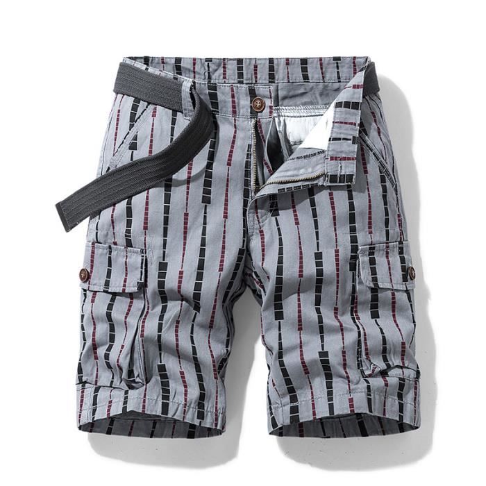 Short Cargo Homme Rayures Coupe Droite Multi-poches Mode Casual Shrot ...
