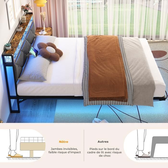 Lit 140 x 190 cm avec Sommier - NHHF - Lit 2 Personnes avec LED et USB ...