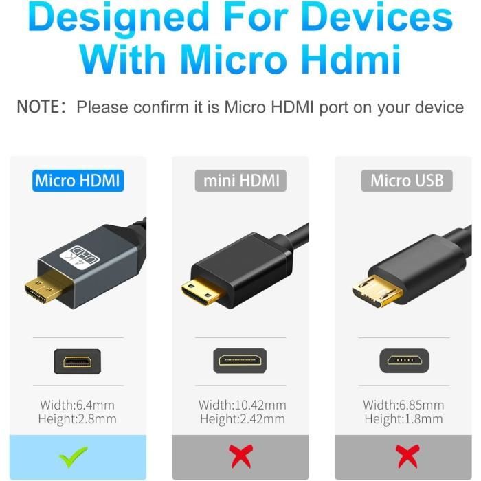 Câble Micro HDMI vers HDMI 2M, Nylon tressé Câble HDMI A vers Micro ...