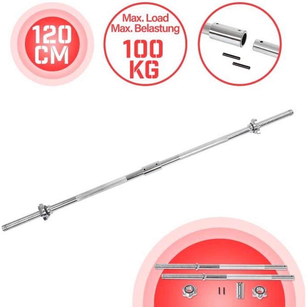 Physionics® Barre d'Haltère Longue - 120 cm, Ø 25 mm, Acier Chromé, 2 ... Physionics® Barre d'Haltère Longue - 120 cm, Ø 25 mm, Acier Chromé, 2 ...