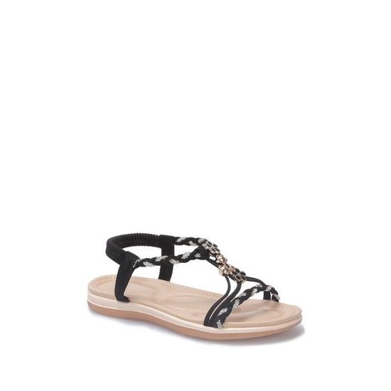 Sandales plates femme - LA MODEUSE - perles fleurs et strass - noir ...