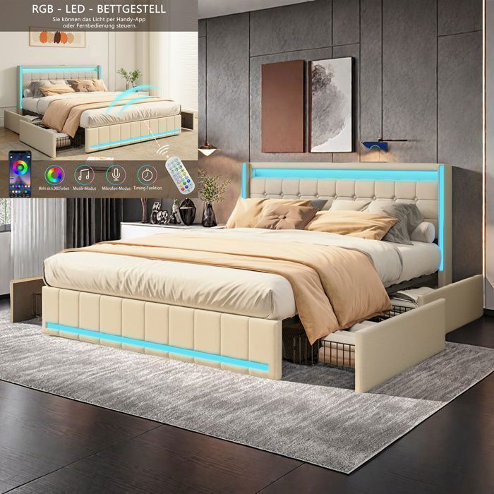 Lit adulte 160x200 cm - NMONET - 231115TT - LED - 4 tiroirs - USB et ...
