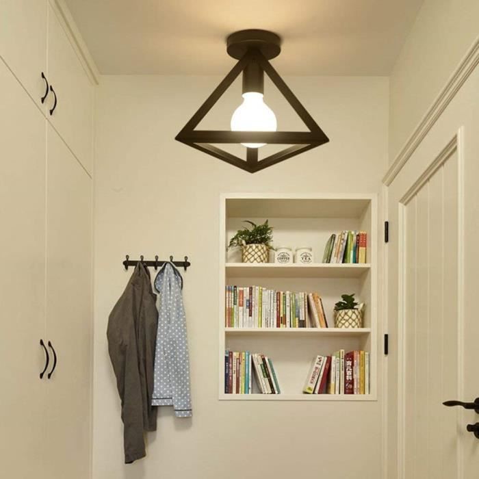 Plafonnier Suspension en Métal Fer Triangle Cage Industriel Noir Lustre E27 Douille pour Salon ...
