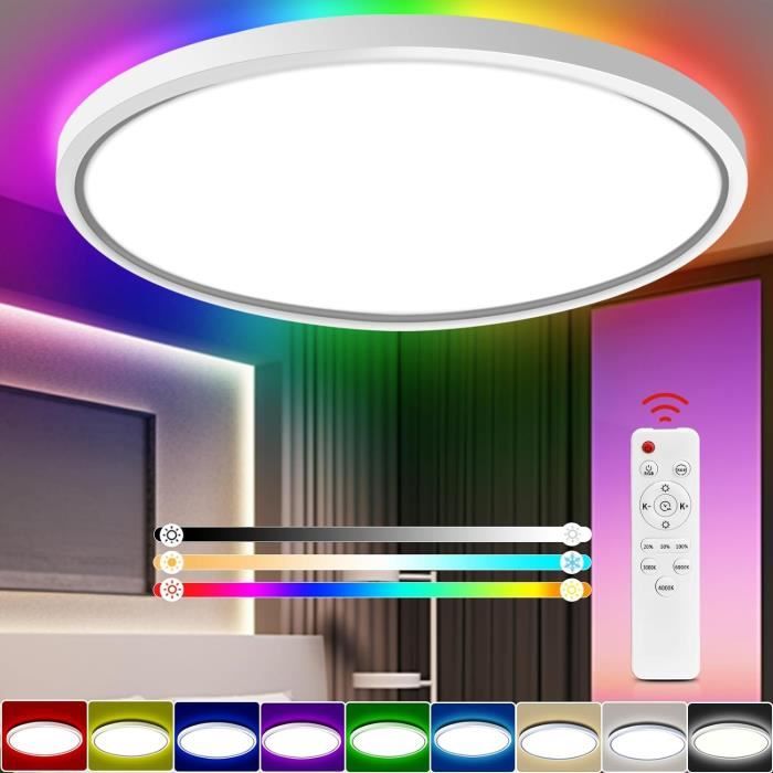Plafonnier Led Rgb 24W 3200Lm Lampe Plafond 3000-6000K Dimmable 8 Niveaux Luminosité Etanche ...