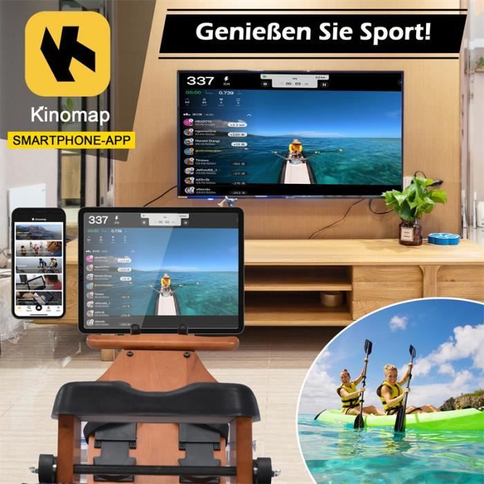 Rameur de fitness en bois - Ecran LCD App (Kinomap) support pour pad ou ...