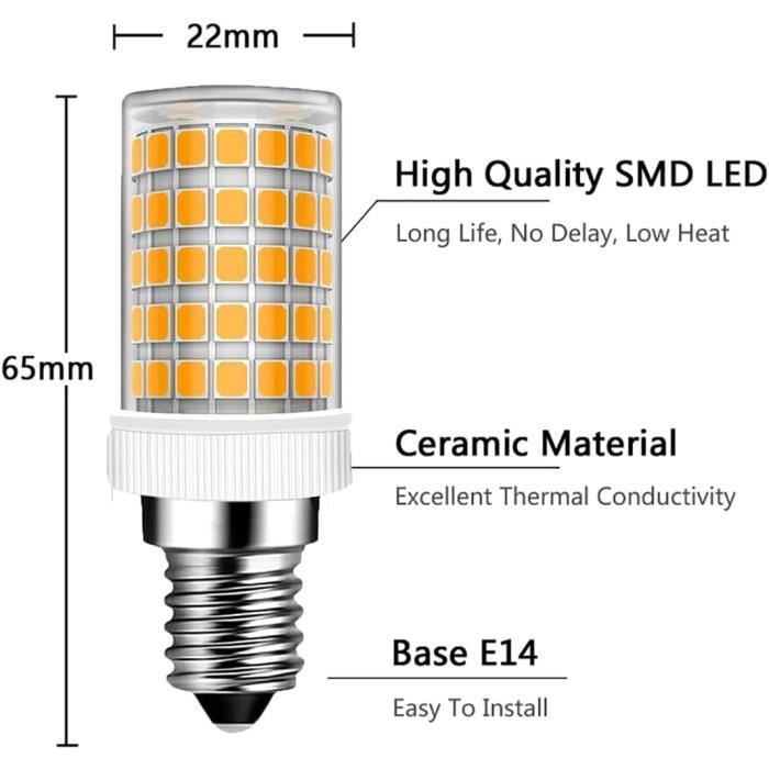 Ampoule LED E14 10W équivalente à 80W 800Lm, blanc chaud 3000K, AC 220-240V, ampoule lustre E14 ...