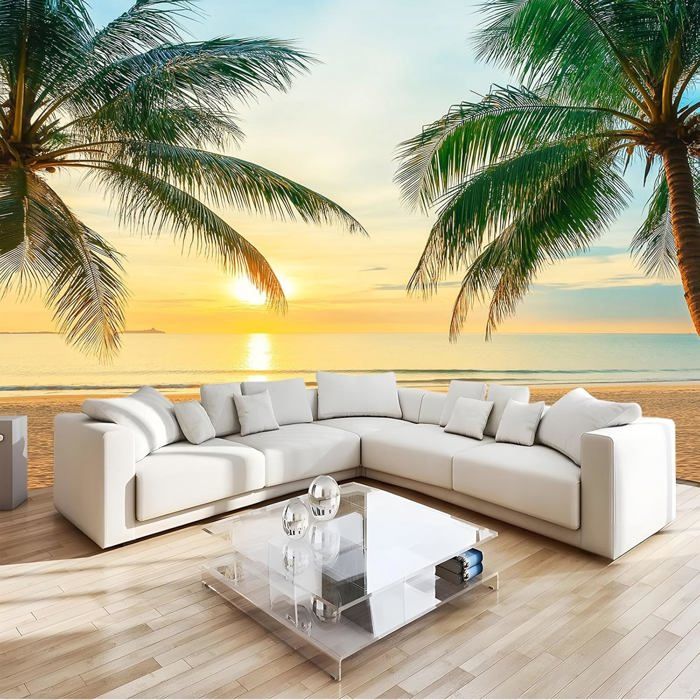 Papier Peint Panoramique Tropical Plage Coucher De Soleil Orange Bleu ...