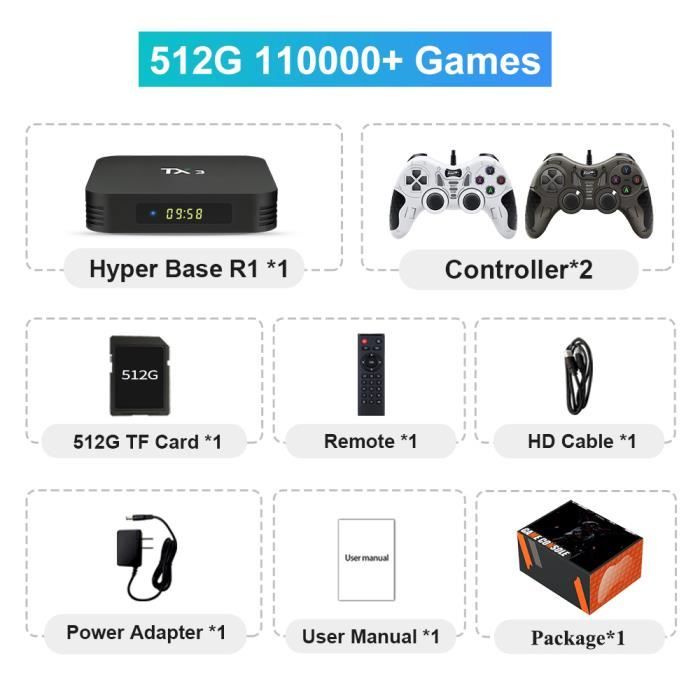 R1-512G-218-1B1W - Mini console de jeu vidéo rétro avec 110000 jeux intégrés, 70 émulateurs, 4K ...