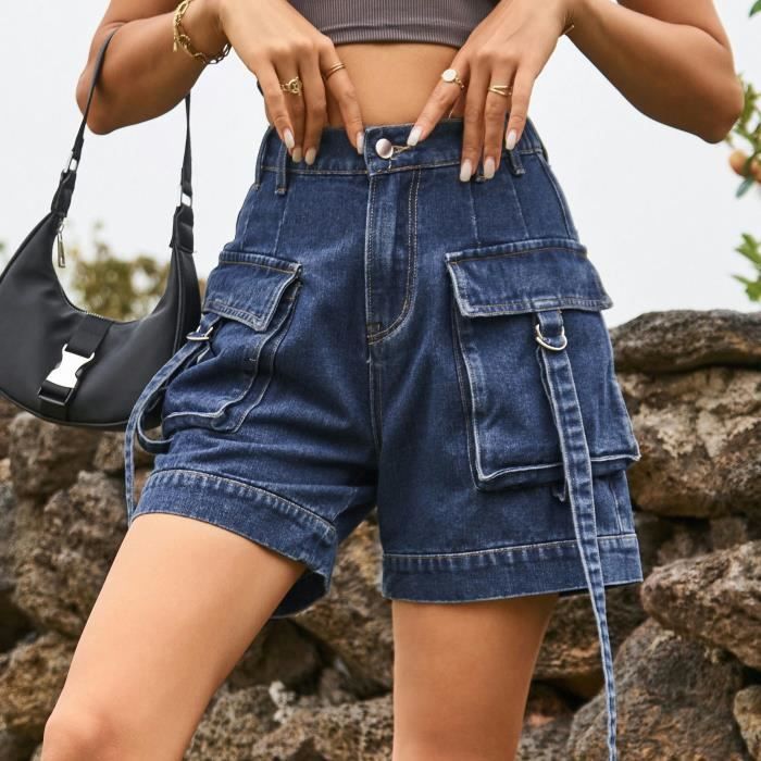 Short Cargo Femme En Jeans Ete Multi-Poches Taille Elastique Casual ...