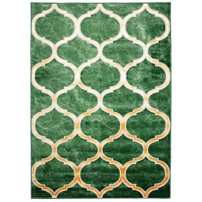 TAPISO Tapis Salon Poil Court TURMALIN Vert Doré Treillis Marocain Polyester Intérieur 140x200 ...