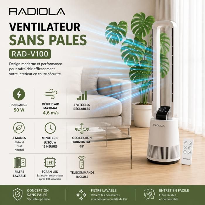 Radiola - Rad-v100 - Blanc - Ventilateur Sans Pales - 3 Vitesses ...