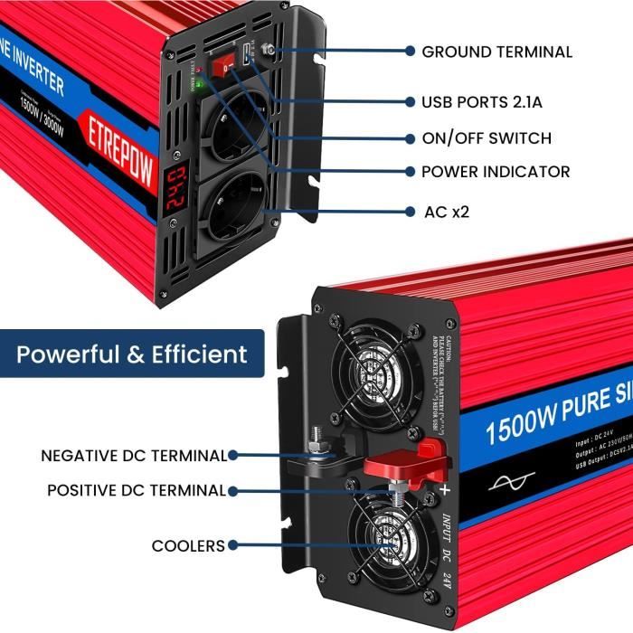 ®Convertisseur 24V 220V Pur Sinus 1500W-2 Prises Eu Ac Et 1 Port Usb, Télécommande Et Affichage ...