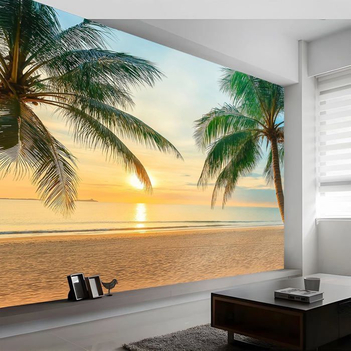 Papier Peint Panoramique Tropical Plage Coucher De Soleil Orange Bleu ...