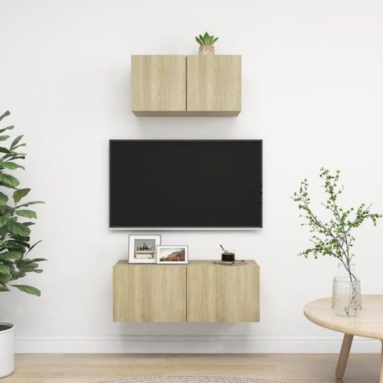 BEST-MEUBLE* Ensemble de Meuble TV fixé au mur 2 pcs - Meuble stéréo ...