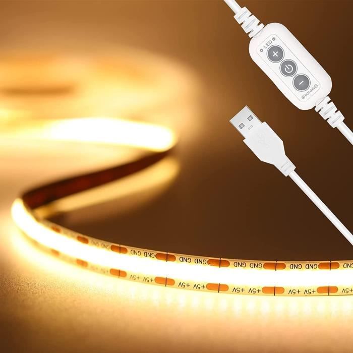 Ruban Led Cob Usb 5V Blanc Chaud 3000K, 2M Dimmable Haute Densité 640Leds-2M Bande Lumineuse Led ...