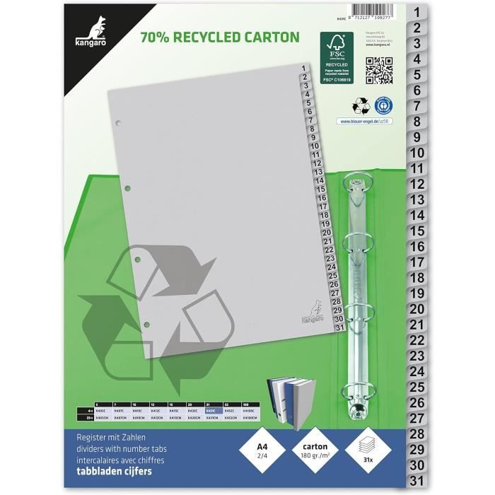 Intercalaires en carton DIN A4 chiffres 1-31. 180 g-m² - Carton FSC ...