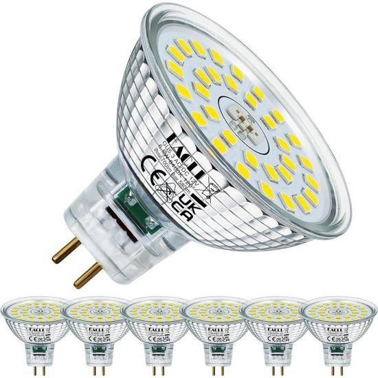 Ampoules Led Gu5.3 Blanc Froid, 6.5W Équivalent Halogène Mr16 60W, Lot De 6, 6000K 700 Lumens ...