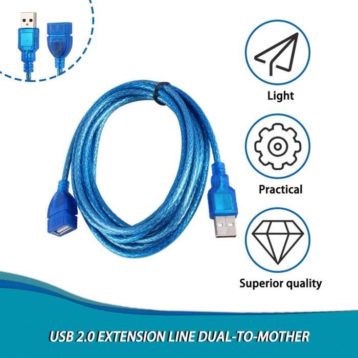Câble'extension USB 1.5 bleu Anti interférence 2.0-3M, 2.0 mâle vers ...