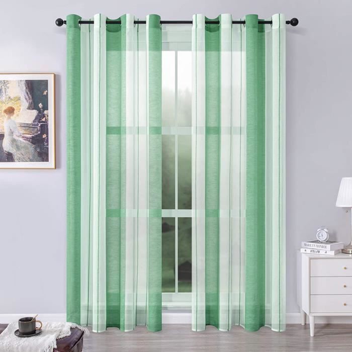AJW-2 Pièces de Rideaux Voilage Blanc et Vert 140x245 cm Fils Teints ...