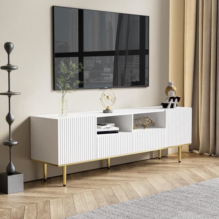 Meuble TV moderne CREAHAPPY avec pieds et bords dorés - Blanc - Scandinave - Moderne - 165×36× ...