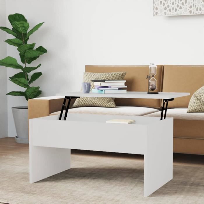 Table basse - FAFEICY - Lisa - Blanc brillant - Plateau relevable - Espace de rangement ...