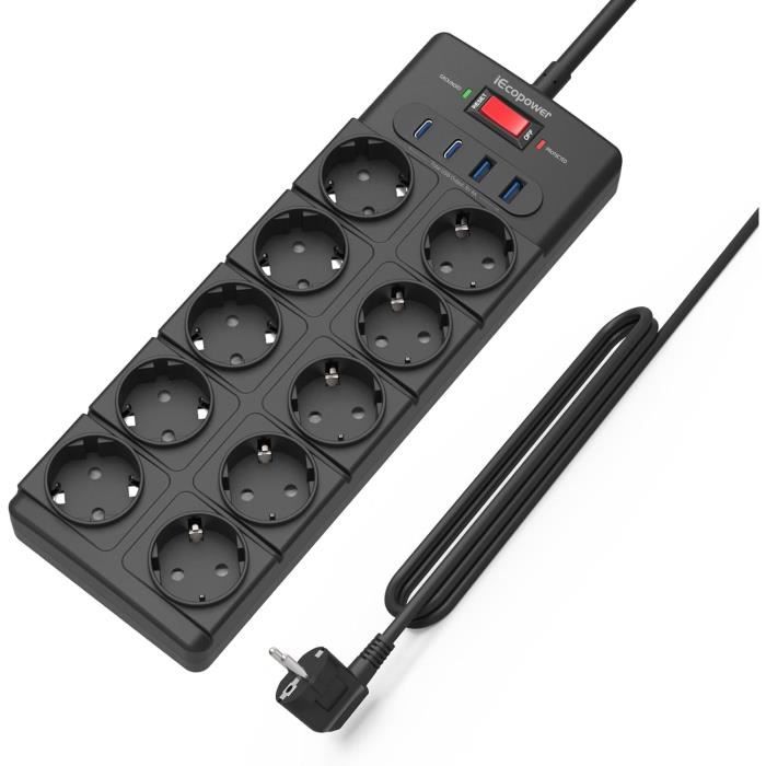 Multiprise 10 prises, multiprise USB (Pd 20 W 2 ports USB-C et 2 ports ...