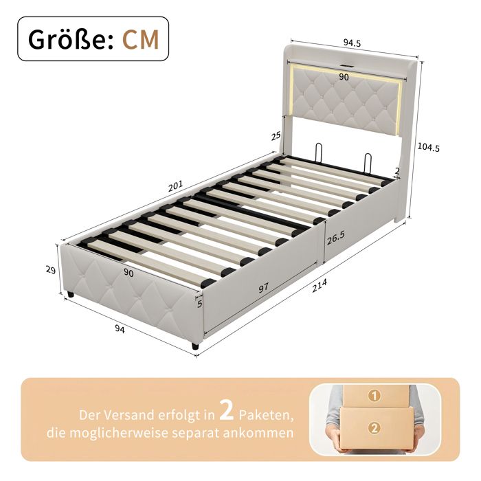 Lit simple 90x200 cm -Anajqaqia -Lit d'enfant-Tête de lit avec bande ...