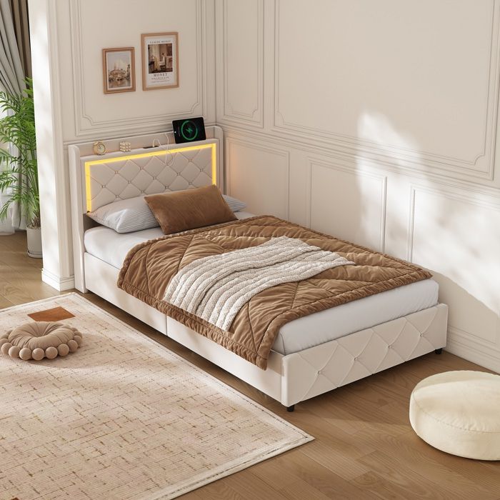 Lit simple 90x200 cm -Anajqaqia -Lit d'enfant-Tête de lit avec bande ...