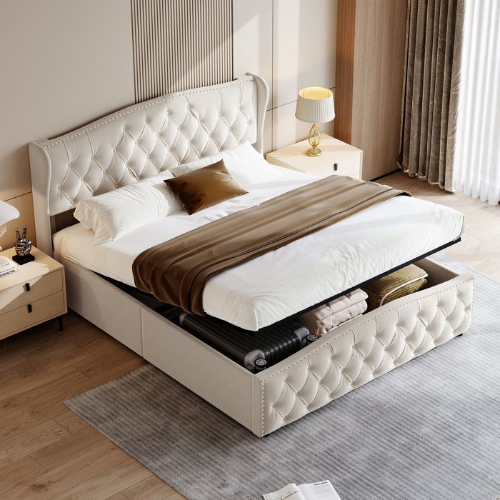 Lit coffre 140 x 200 beige,lit double,lit rembourré avec sommier,lit ...